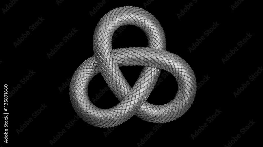 3D loop animation of a triple torus with a dragon scale texture. The ...