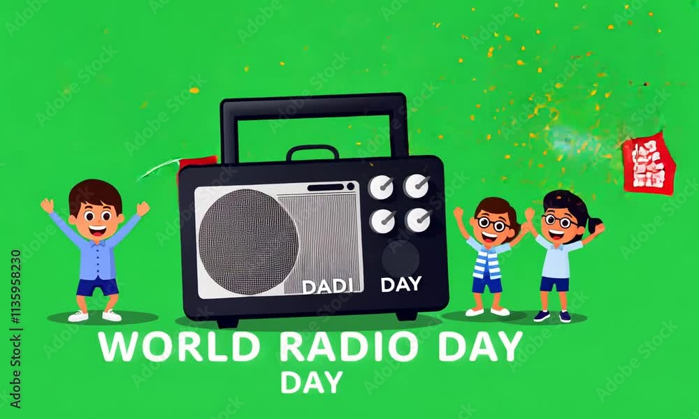 Cartoon characters celebrating World Radio Day with confetti and ...