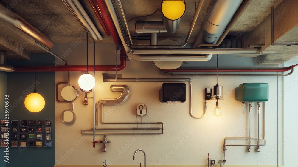 Artistic ceiling layout showcasing open wiring conduits, carefully ...