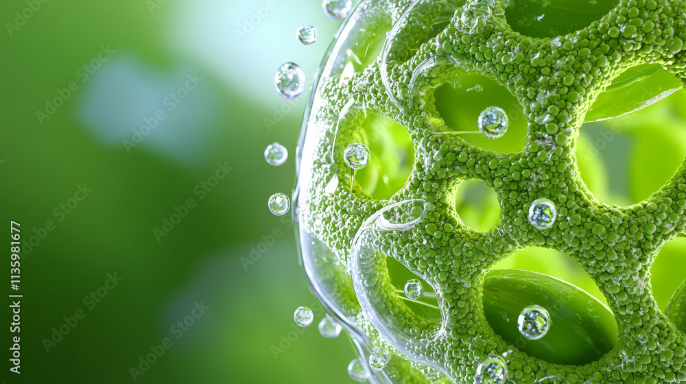 close up view of green plant cells with water droplets, showcasing intricate structures and ...