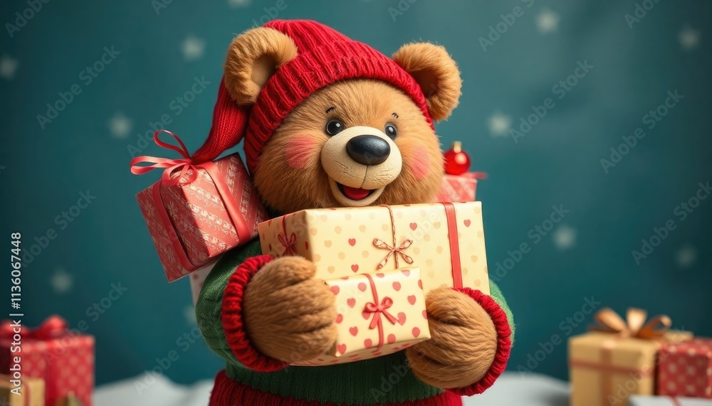 Playful Bear Wearing a Christmas Sweater Carrying a Pile of Wrapped ...