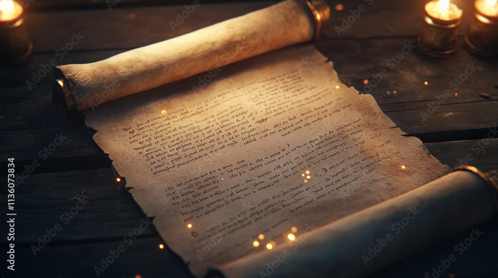 Magic parchments, ancient mystic spells, papyrus scrolls with glow ...