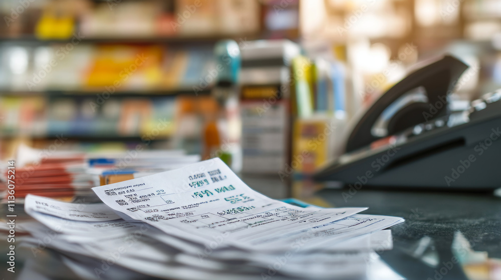 Bills, receipts, paper cheques, purchase invoices. Supermarket shopping ...