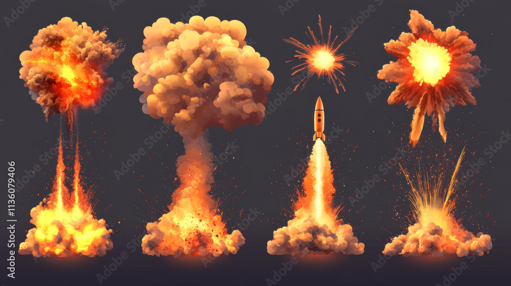 Explosion of bomb, rocket hit. Vector animation sprite sheet of burst ...