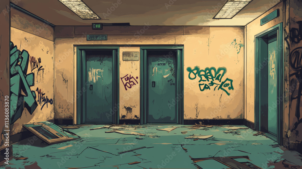 Old dirty hallway with open and closed elevator doors. Vector cartoon ...
