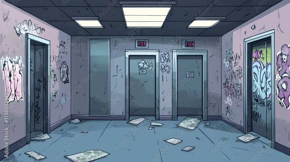 Old dirty hallway with open and closed elevator doors. Vector cartoon ...