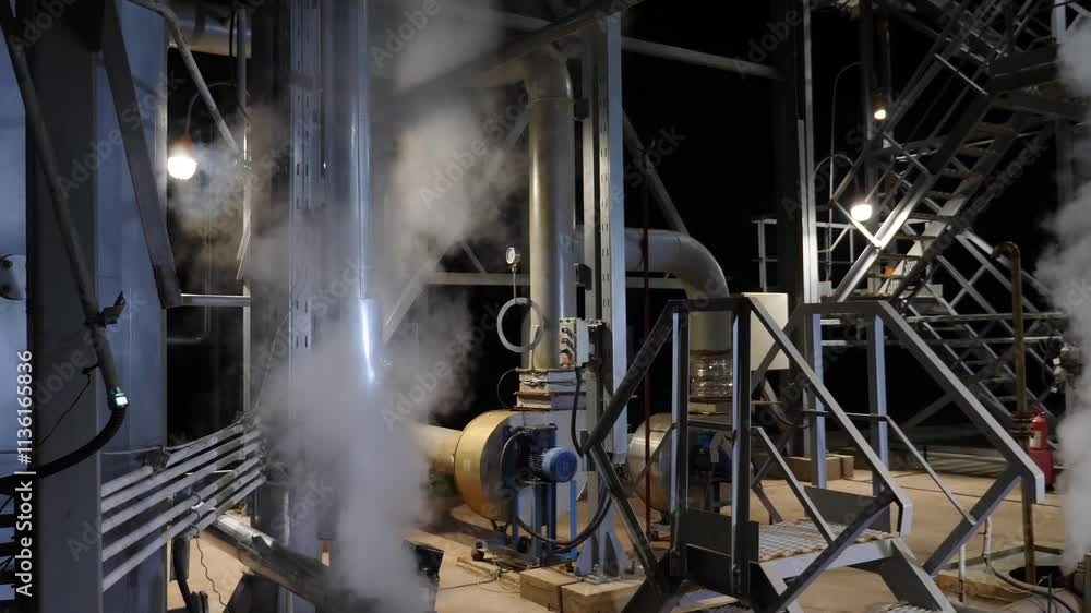 White steam escaping from a leaking pipe in an industrial setting at ...