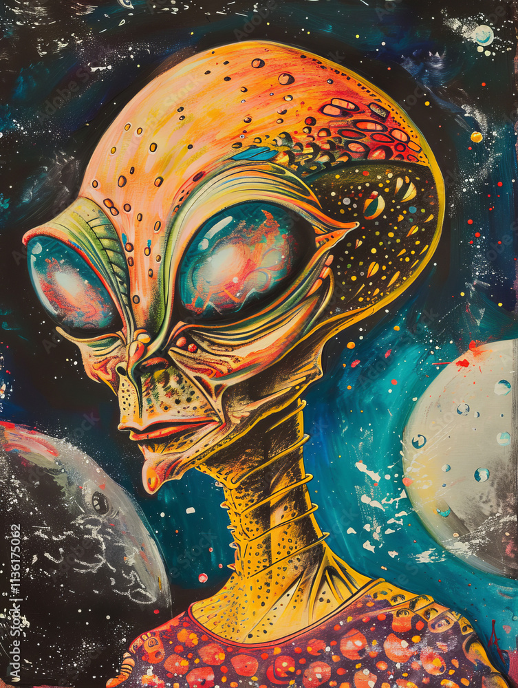 Retro 1960s 1950s style vintage space alien little green man on another ...