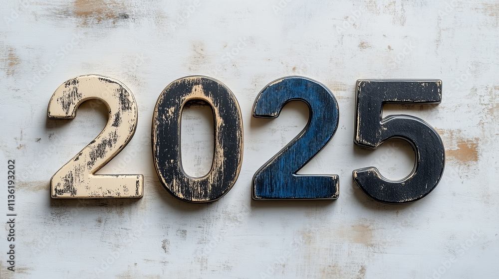Stylish numbers 2025 in vintage colors on a textured white background ...
