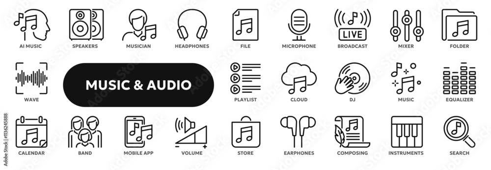 Set of vector line icons related to music and sound industry, audio ...