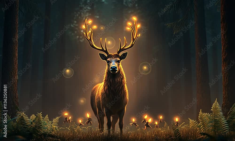 A majestic stag with moss-covered antlers, each tip glowing faintly ...