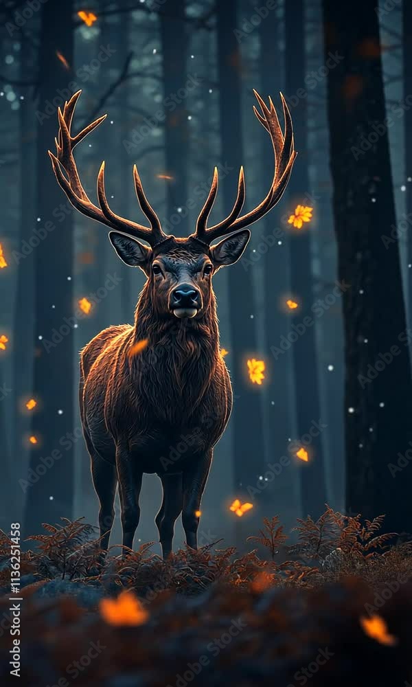 A majestic stag with moss-covered antlers, each tip glowing faintly ...