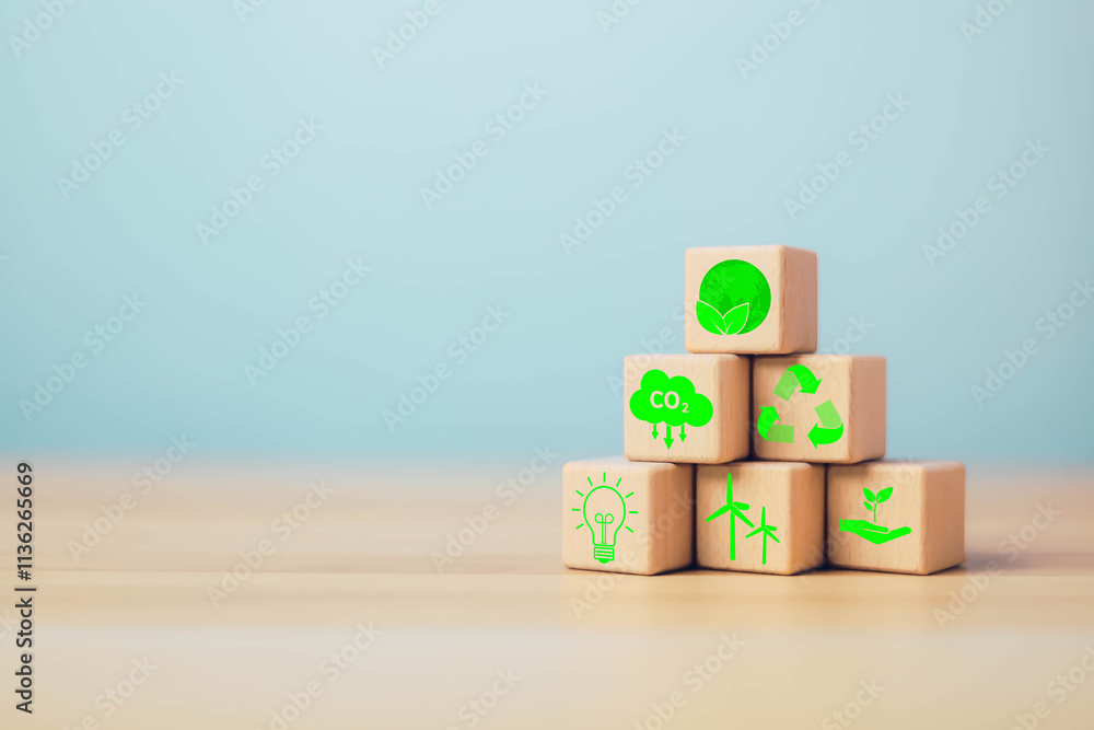 ESG Concepts on Environment, Natural environment, Wooden blocks are ...