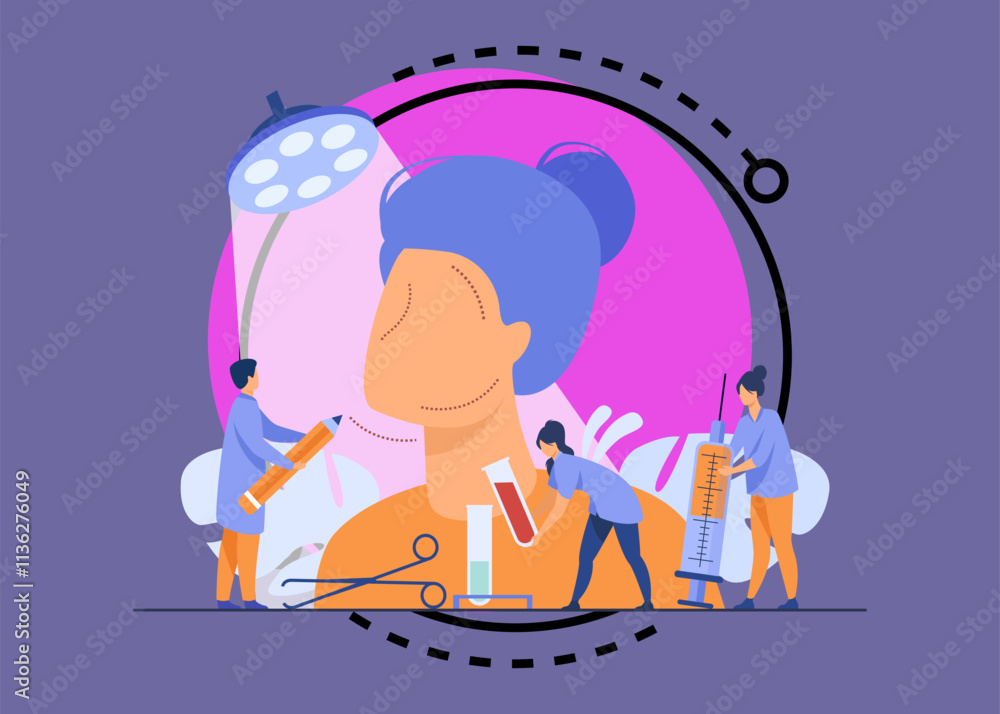 Tiny cosmetic surgeons drawing marks on huge female face, holding lab ...