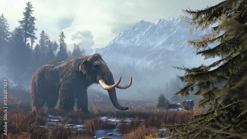 Realistic brown wooly mammoth standing in a prehistoric mountainous ...