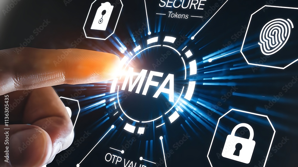 businessman pressing virtual button MFA, multi factor authentication ...