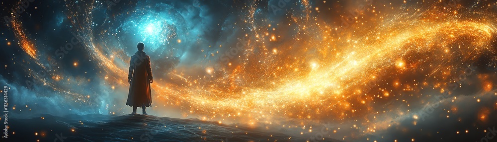 A sorcerer casting a spell, making energy beams visible as sparkling ...