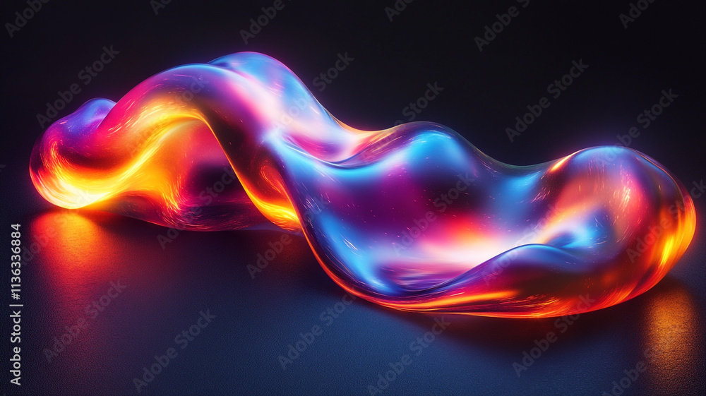 A vibrant, bold holographic blob, isolated on a deep black canvas. The ...