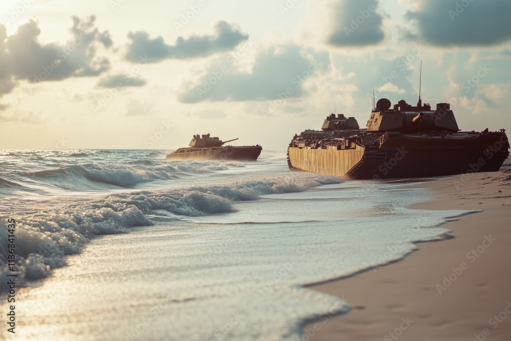 Military tanks navigate the shoreline during sunrise, contrasting the ...
