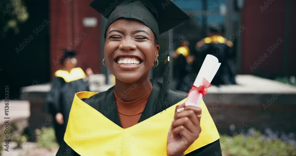 Face, excited or woman in graduation for certificate achievement on ...