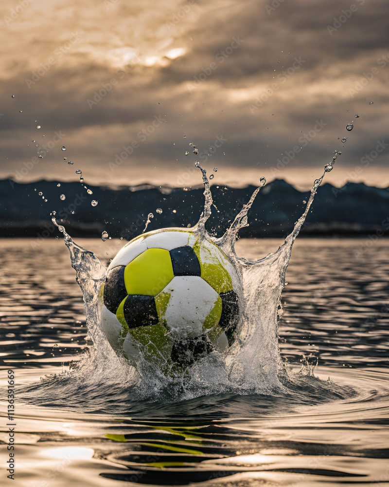 soccer ball splashing water, water splash with soccer ball, ball in ...
