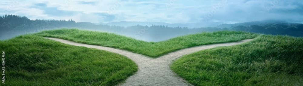 Poster Two diverging paths leading to the distant horizon under a vast ...