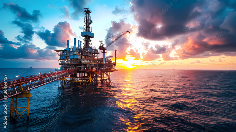 Offshore Oil Rig at Sunset: A majestic oil rig stands tall against a ...