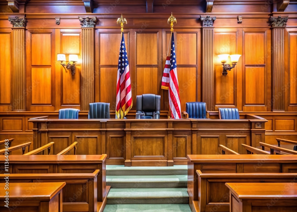 Empty American Courtroom: Justice, Law, Wooden Benches, Flags, Legal ...