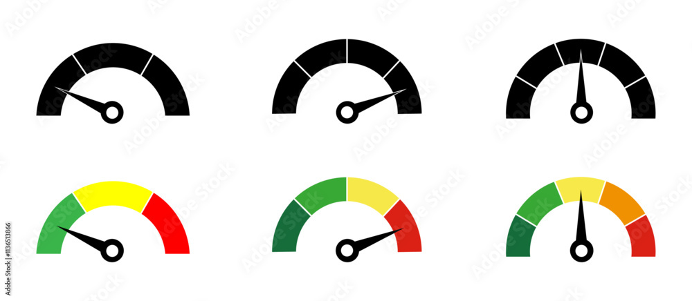 Speedometer icons set. Speed indicators. Speed dial indicator. Green ...