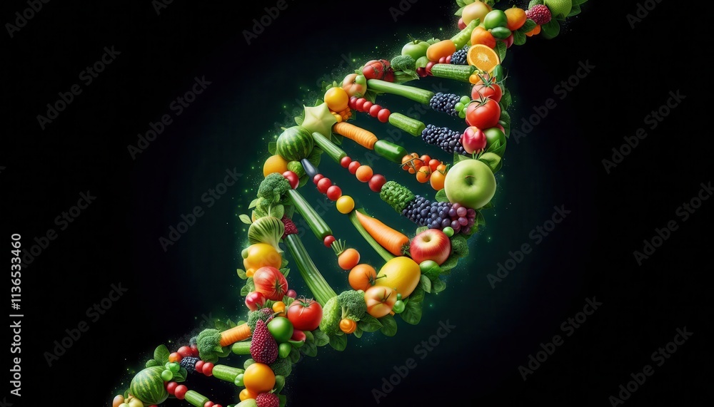 DNA double helix made of fruits and vegetables on a dark background ...