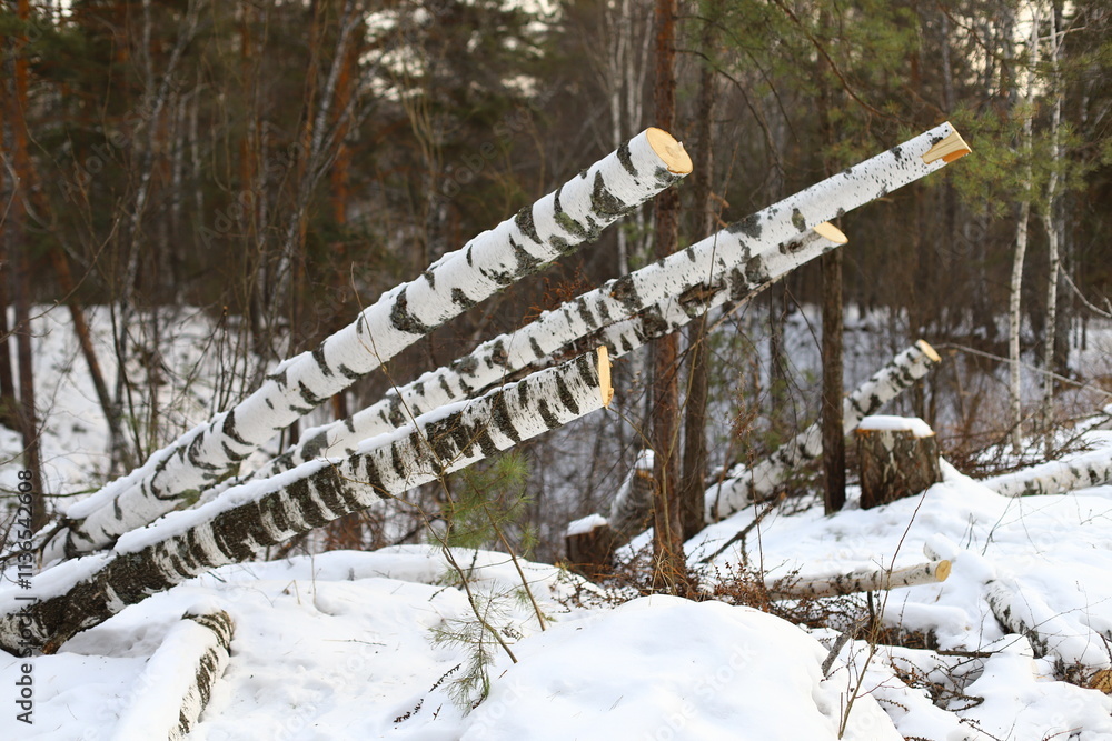 Illegal logging in the winter forest. Illegal logging is a driving ...