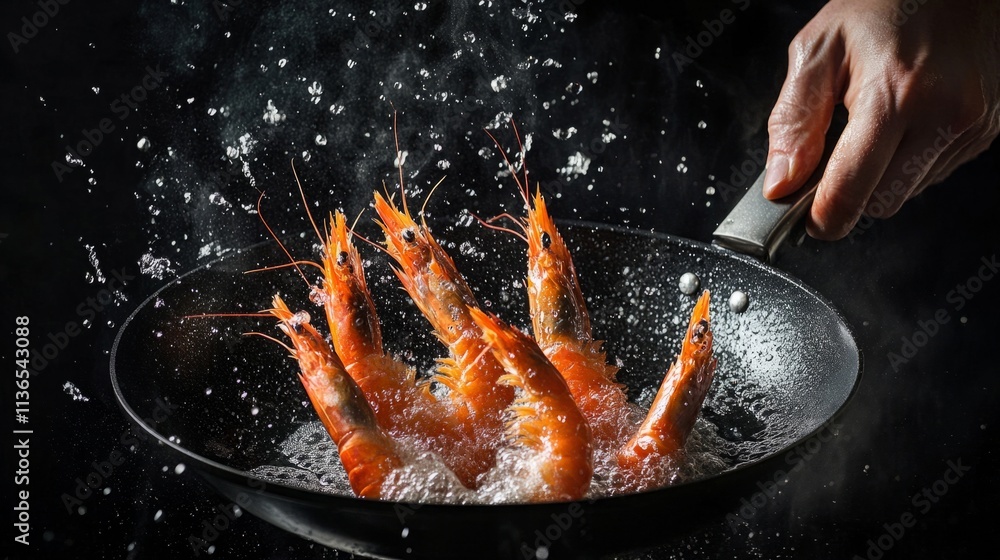 Create a high-quality image of king prawns being tossed in a frying pan ...