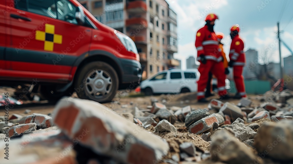 Foto de Emergency responders in red uniforms assess damage at a ...