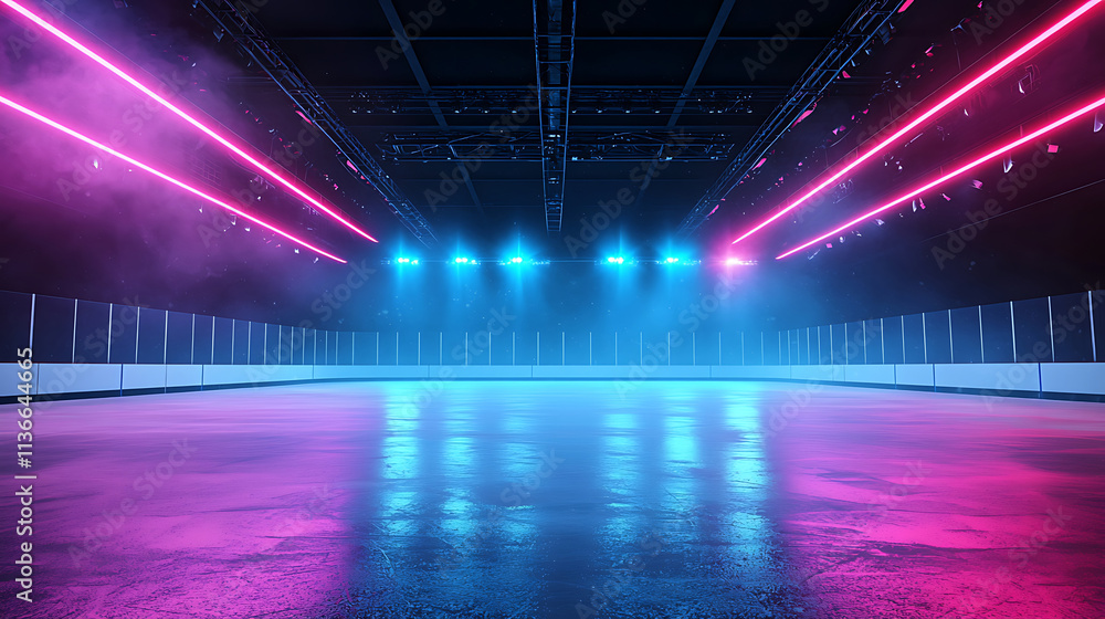 Ice Rink Background. Professional Arena illuminated blue, pink neon ...