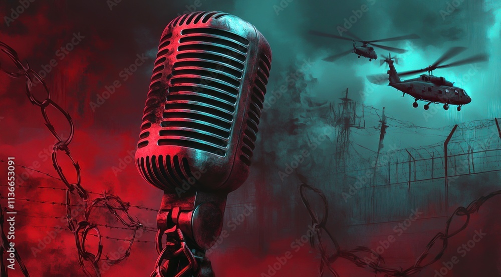 Concept de journalisme de guerre, un microphone entouré de chaînes et ...