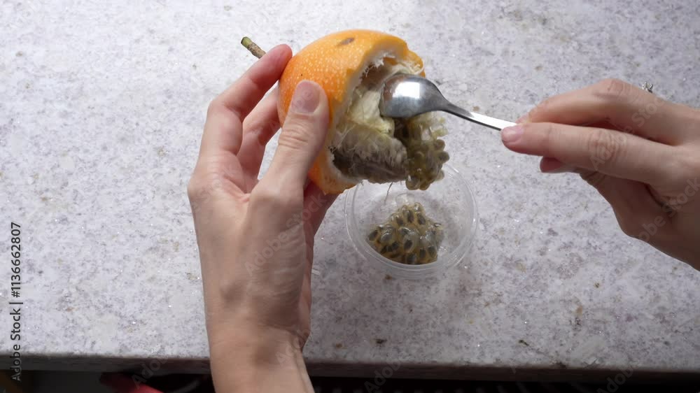 Woman’s hands using a spoon to scoop out the fruity pulp of a ...
