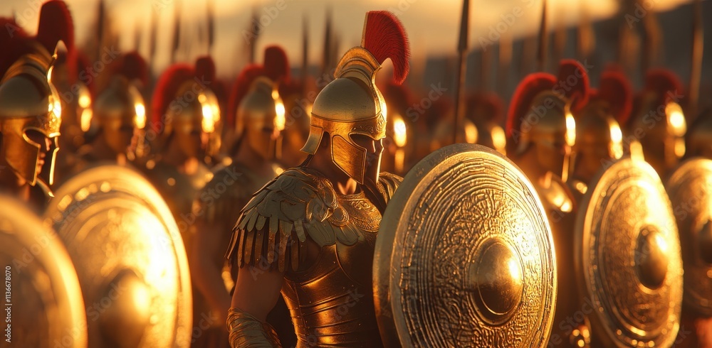 Golden warriors gather at sunset ready for battle with shining shields ...