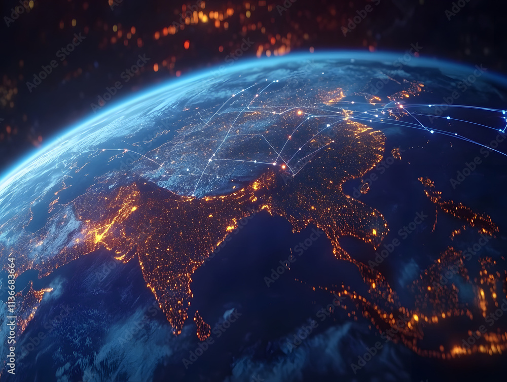 Digital world map planet Earth space global globe sky space 5G wireless ...