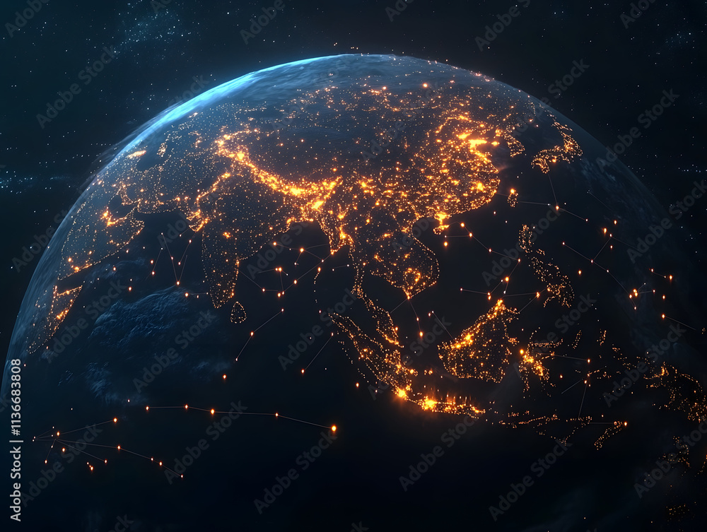 Digital world map planet Earth space global globe sky space 5G wireless ...