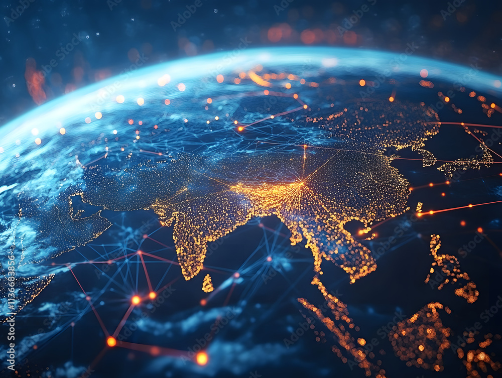Digital world map planet Earth space global globe sky space 5G wireless ...
