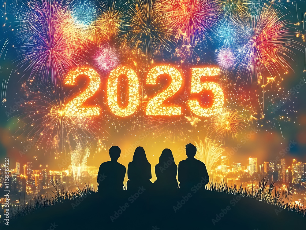 New Year Eve 2025 celebration 3D letter fireworks night sky, confetti ...