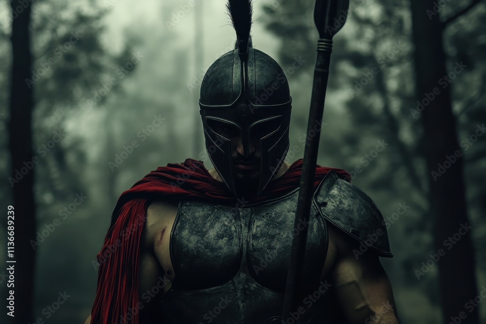 Warrior in ancient armor stands resolute among misty trees during a ...