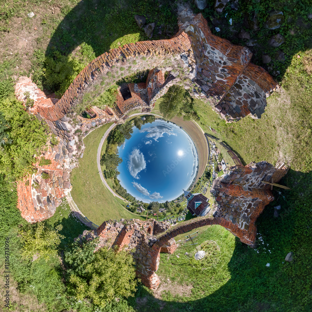 blue sphere inside overlooking old town, urban development, historic ...