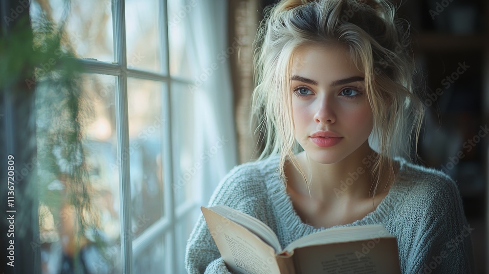 Cozy winter afternoon with a young woman reading by the window during ...