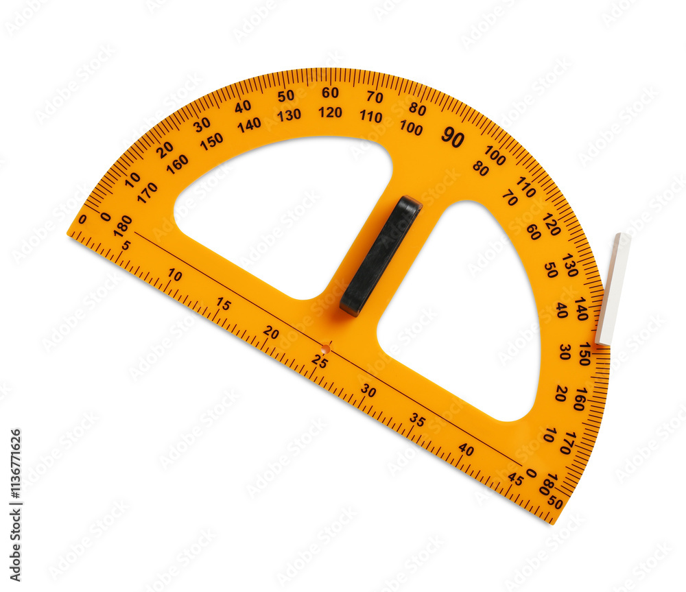 Poster Protractor ruler and chalk isolated on white, top view – Wall ...