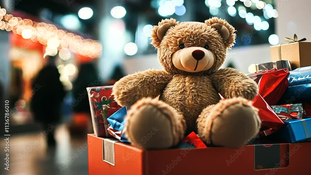 A brightly colored donation box bursting with toys, a plush teddy bear ...