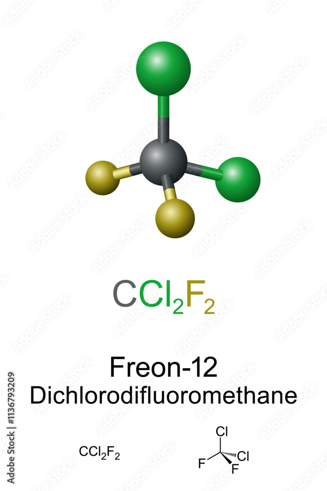 Naklejka Freon-12, Dichlorodifluoromethane, R-12, molecule model and ...