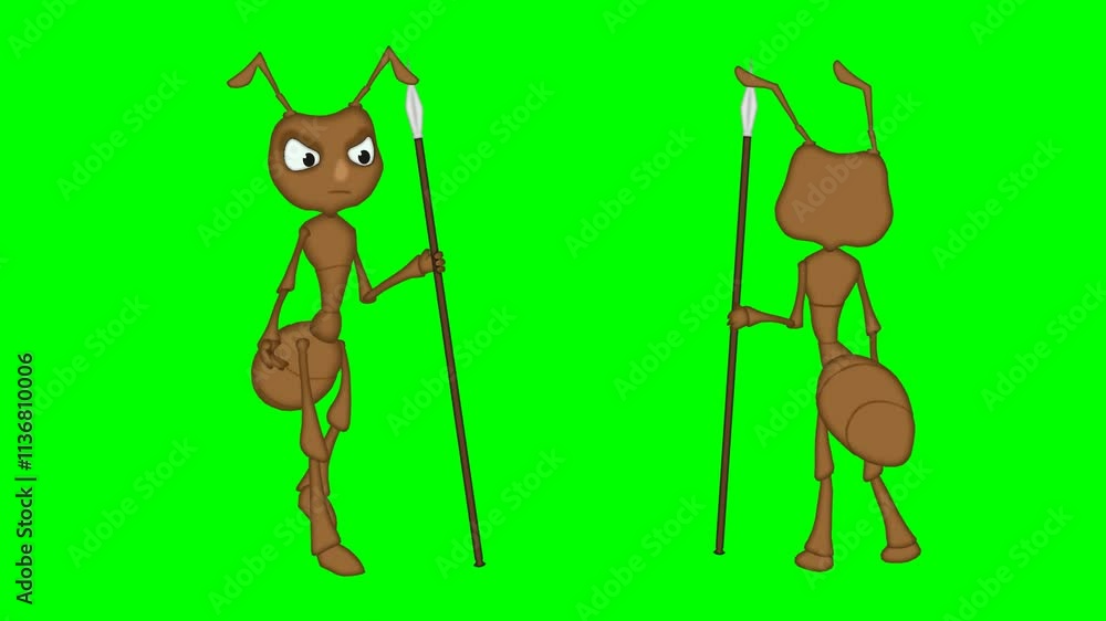 2d animated cartoon character of Two brown guard ants with spears in ...