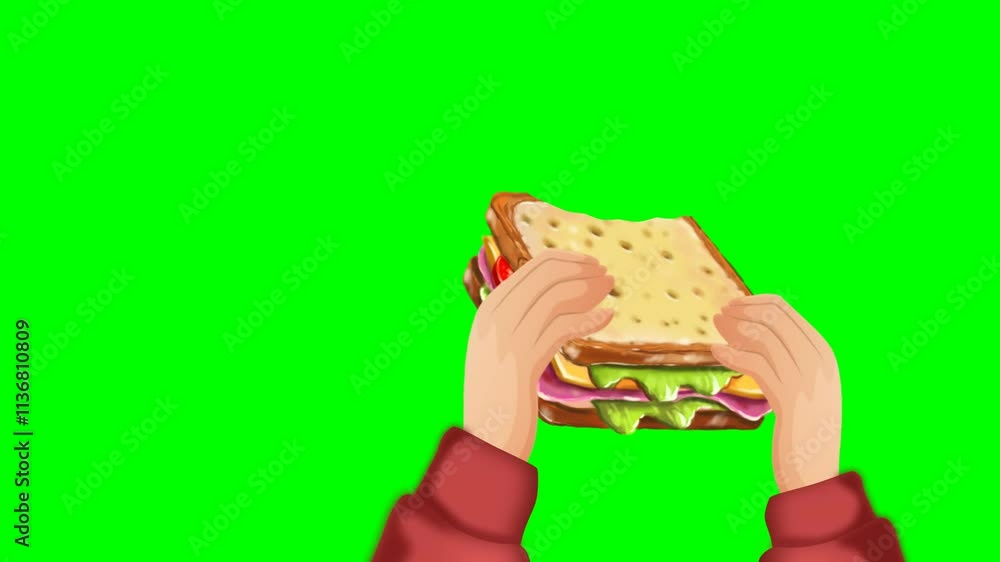 2d animated cartoon character of Two human hands holding a sandwich and ...