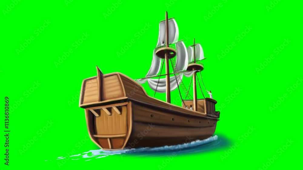 2d animated cartoon character of An ancient, large ship floating and ...